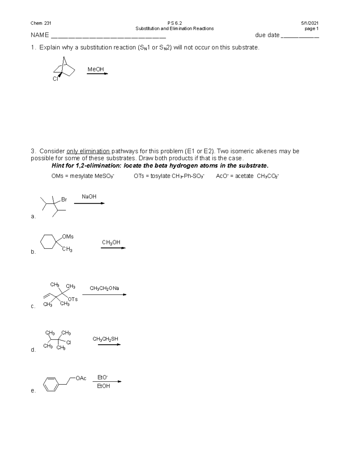 PS 6 - aaaaaaaa - Chem 231 PS 6 Substitution and Elimination Reactions ...