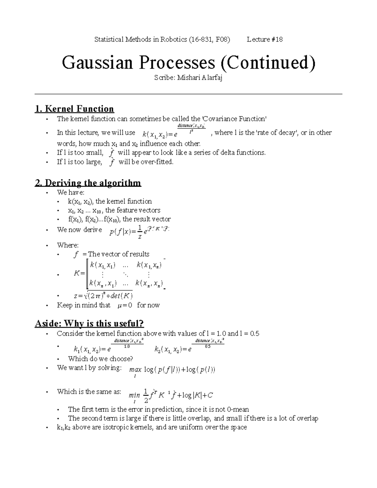 16831 lecture 18-Gaussian Processes - Statistical Methods in Robotics (16-831, F08) Lecture ...