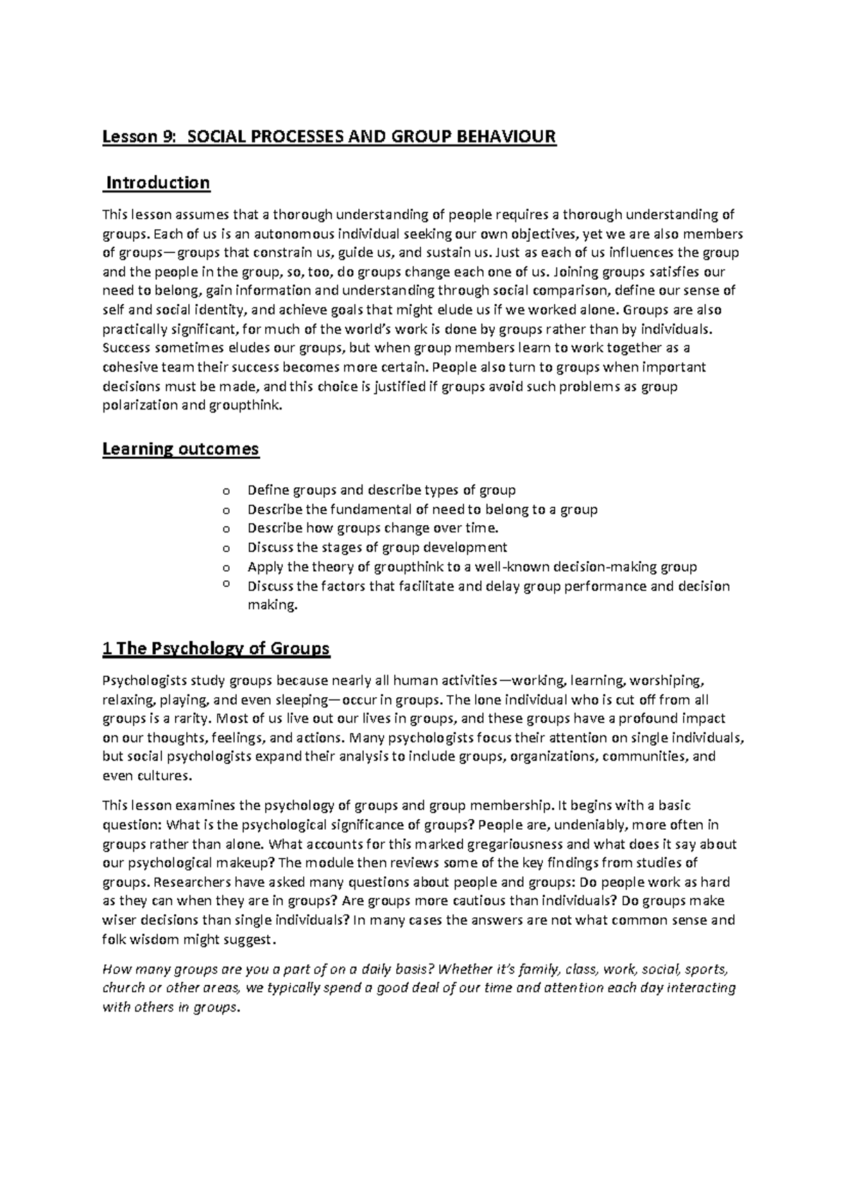 Lesson 9 AND 10 WORK MATERIAL - Lesson 9: SOCIAL PROCESSES AND GROUP ...