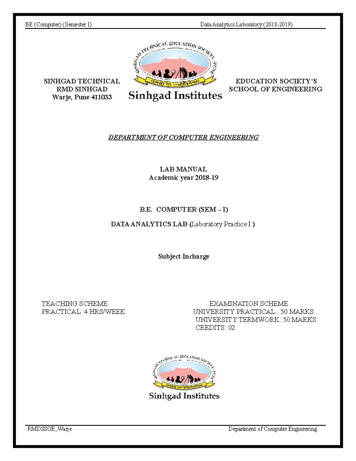 Data Analgesic Lab Manual - SINHGAD TECHNICAL EDUCATION SOCIETY’S RMD SINHGAD SCHOOL OF ...