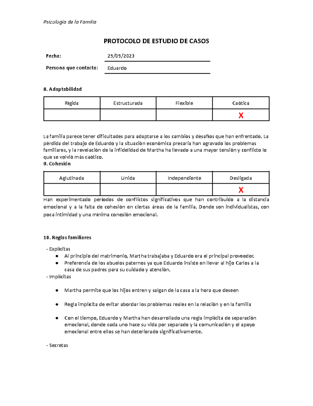 Formato Protocolo Psicología de la familia - PROTOCOLO DE ESTUDIO DE CASOS Fecha: 29/09/ Persona ...