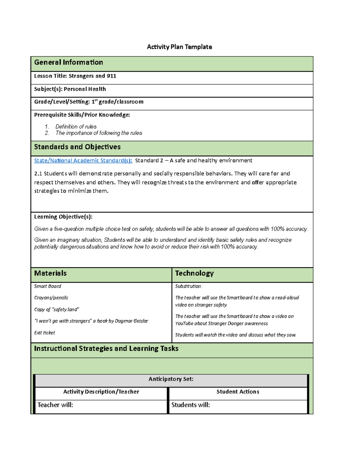 Elementary Physical and Health methods - Activity Plan Template General ...