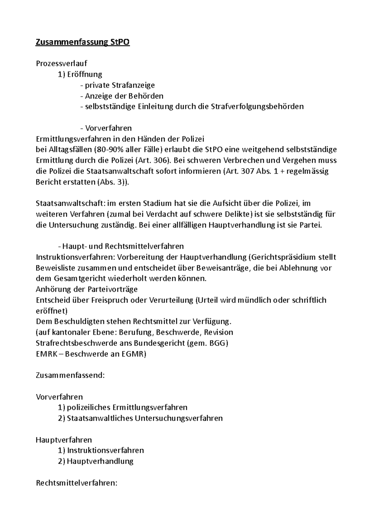 Zusammenfassung St PO - Zusammenfassung StPO Prozessverlauf 1 ...