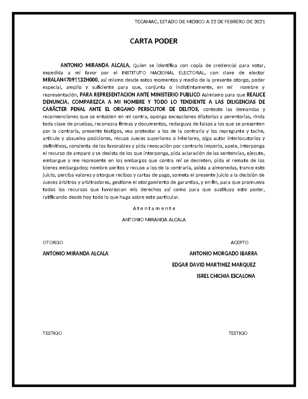 Carta Poder - TECAMAC, ESTADO DE MEXICO A 22 DE FEBRERO DE 2021 CARTA ...