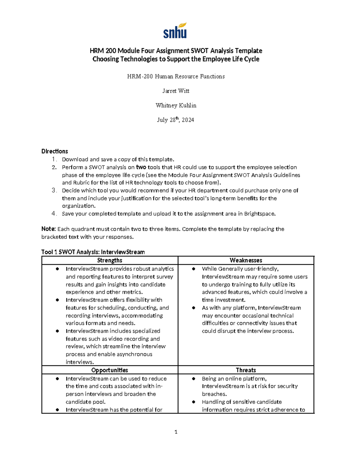 SWOT Analysis Mod 4 - HRM 200 Module Four Assignment SWOT Analysis ...