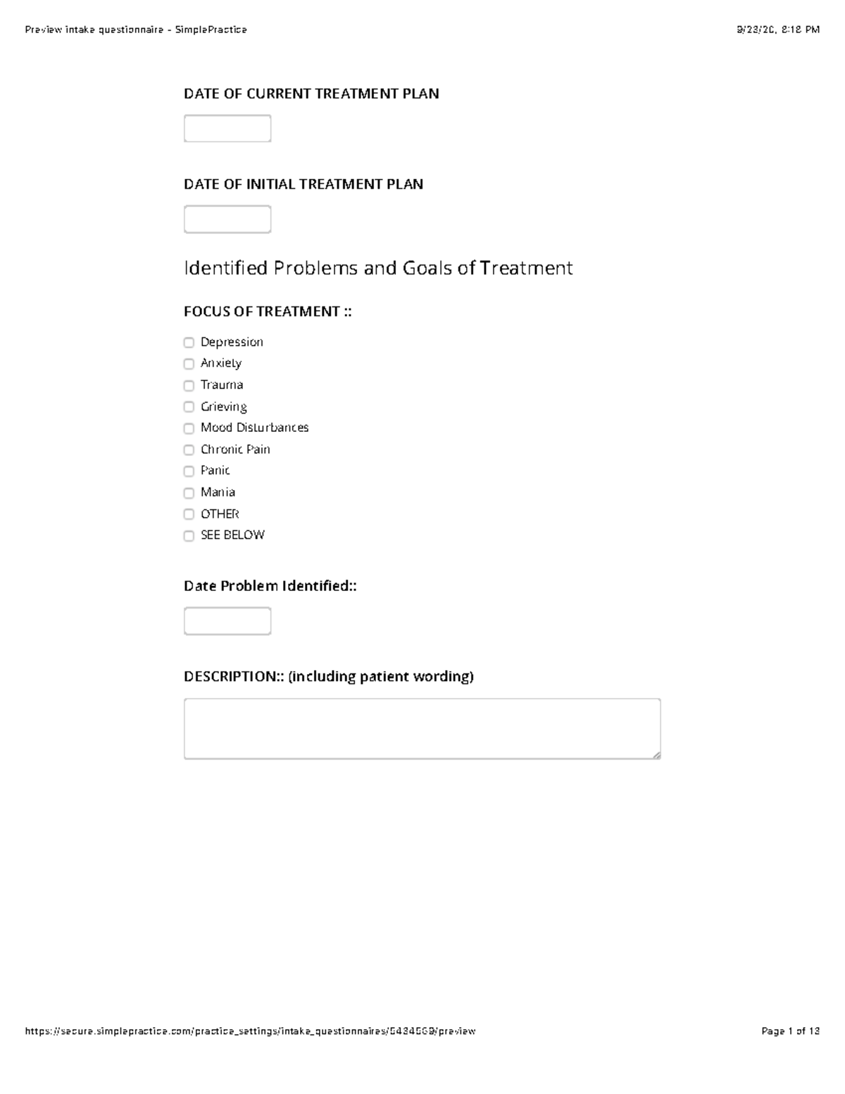 Treatment Plan example - DATE OF CURRENT TREATMENT PLAN DATE OF INITIAL ...