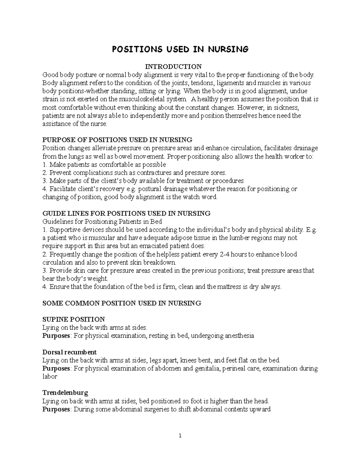 Nursing Positions - POSITIONS USED IN NURSING INTRODUCTION Good body ...