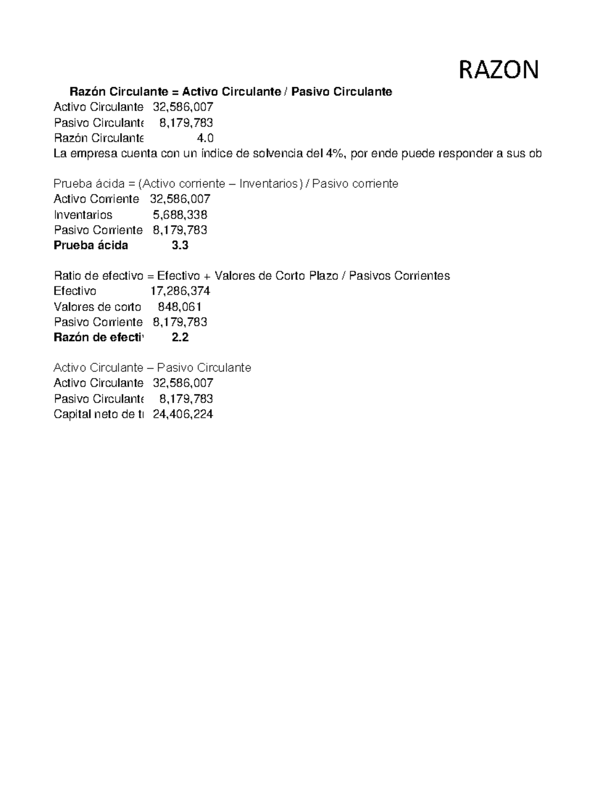 Razones financieras ejercicio - Activo Circulante 32,586, Pasivo ...