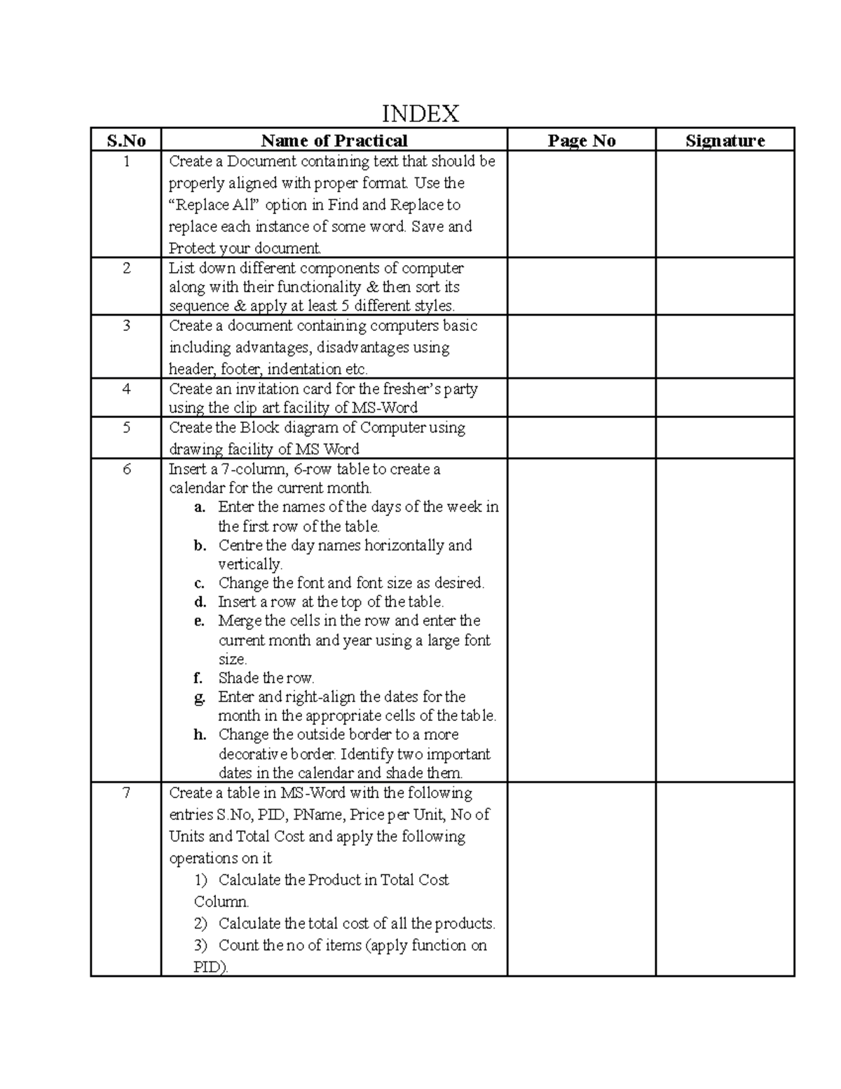 CA Index - INDEX S Name of Practical Page No Signature 1 Create a ...