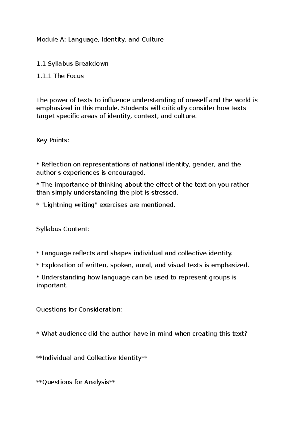 Module A Summary - Module A: Language, Identity, and Culture 1 Syllabus ...
