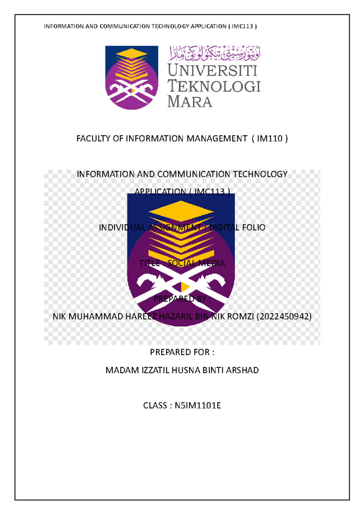 IMC113 Digital Folio - ####### FACULTY OF INFORMATION MANAGEMENT ...