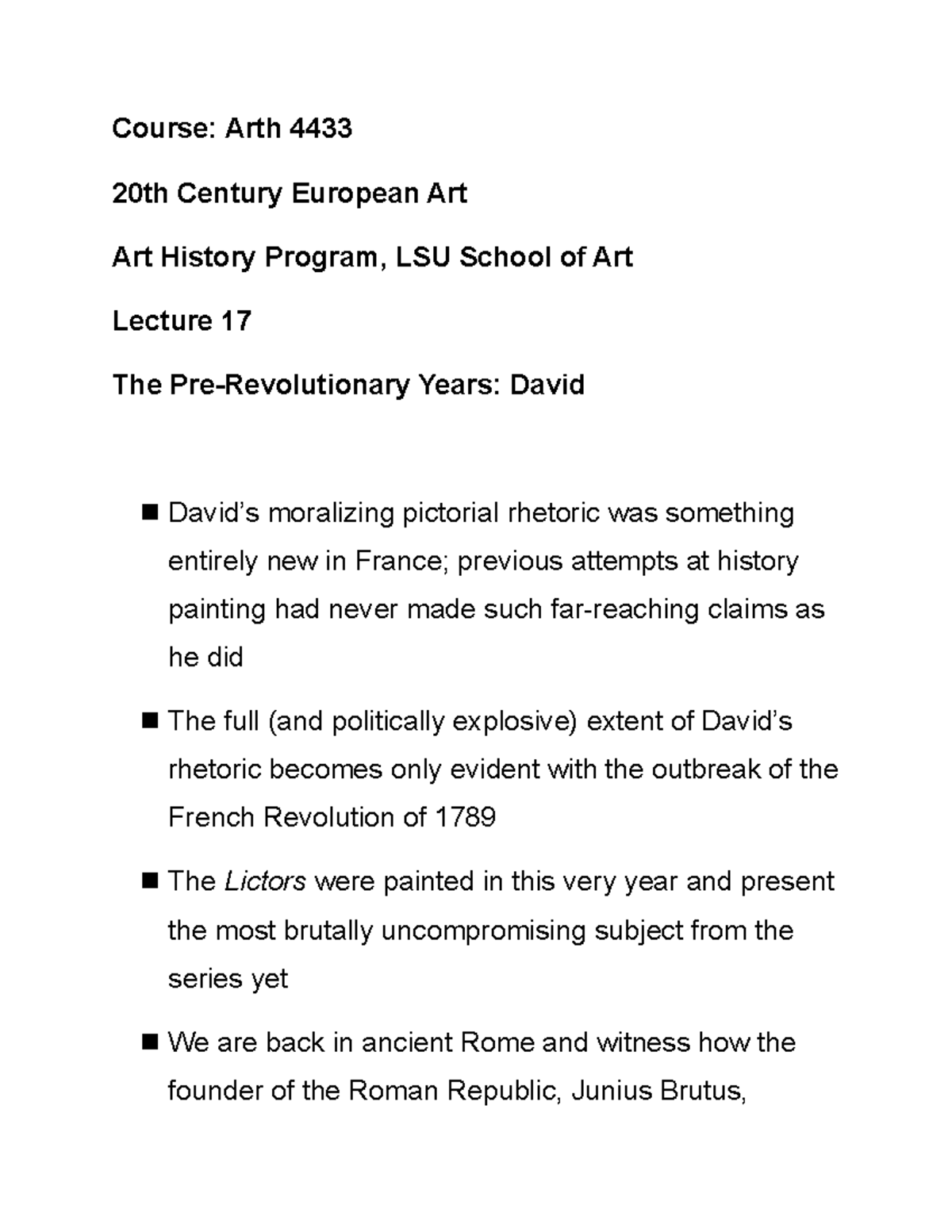 Jacques-Louis David - Transcription class notes for ARTH 4433 - Course ...