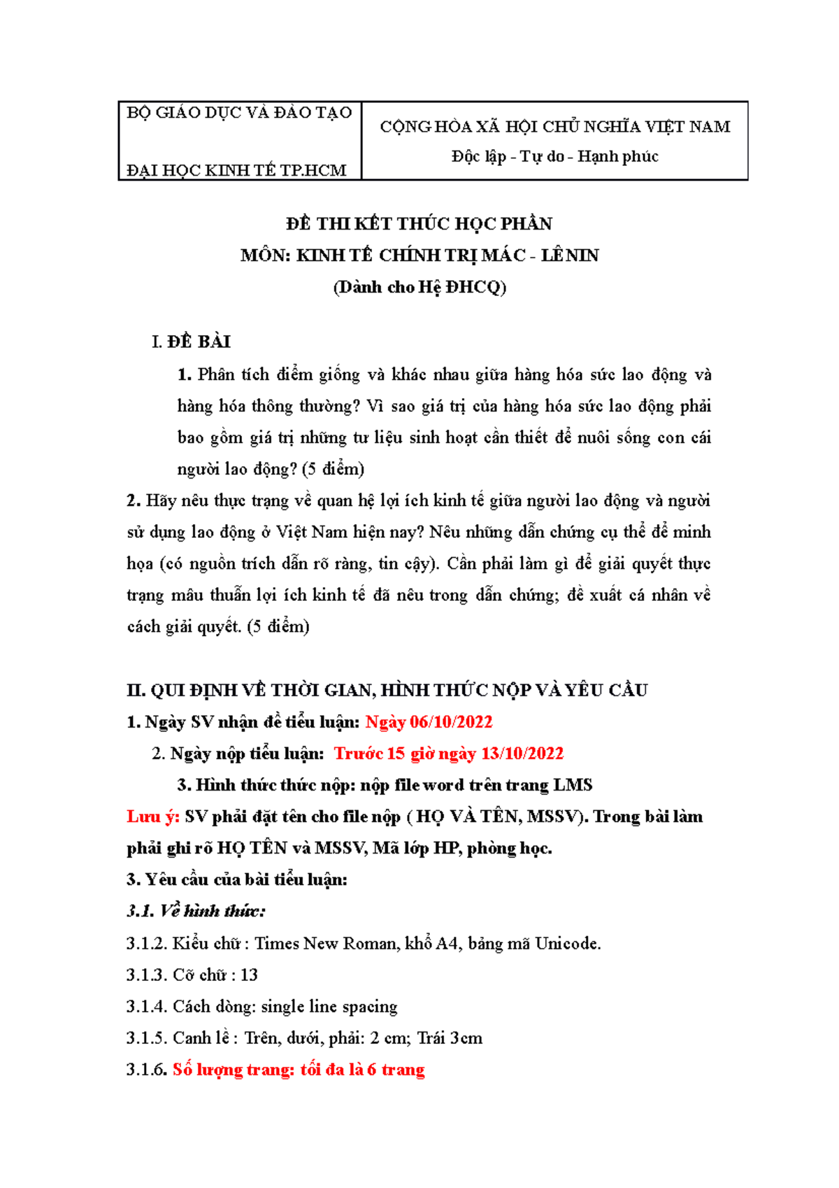 ĐỀ THI KTHP-KTCT-6 - ESSSAY - BỘ GIÁO DỤC VÀ ĐÀO TẠO ĐẠI HỌC KINH TẾ TP CỘNG HÒA XÃ HỘI CHỦ ...