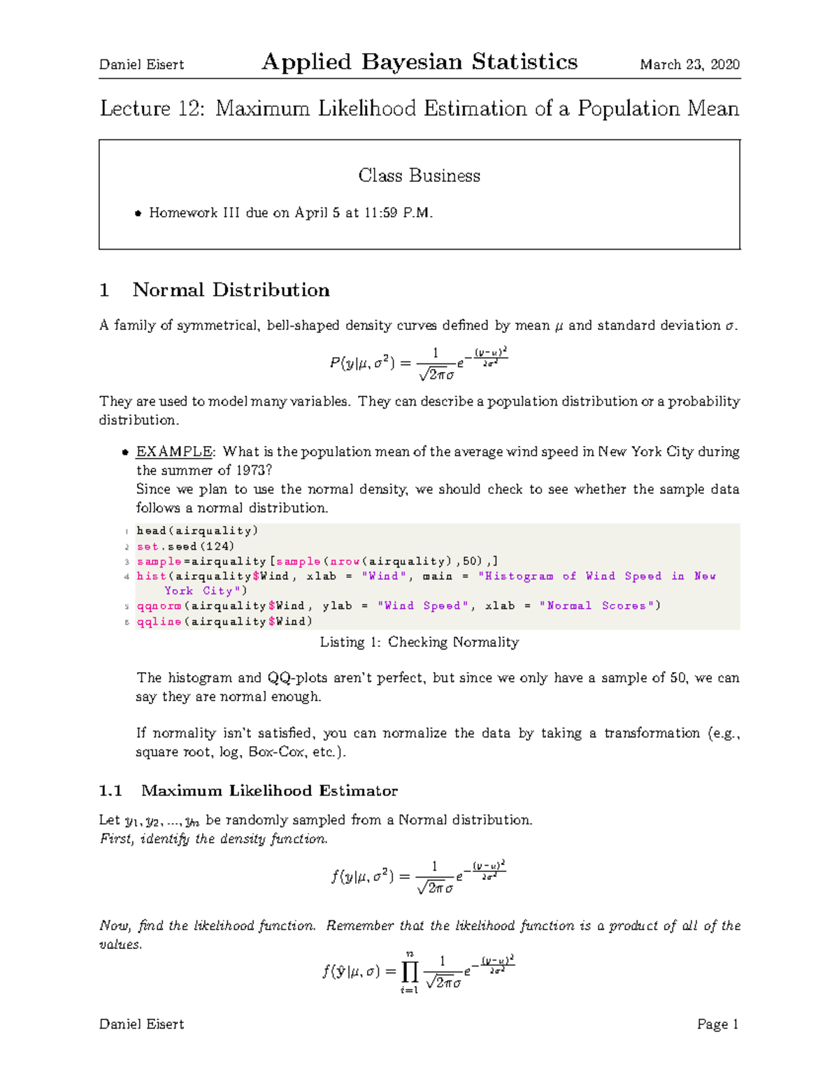 STAT 4444 Lecture 12 MLE of a Population Mean - Daniel Eisert Applied Bayesian Statistics March ...