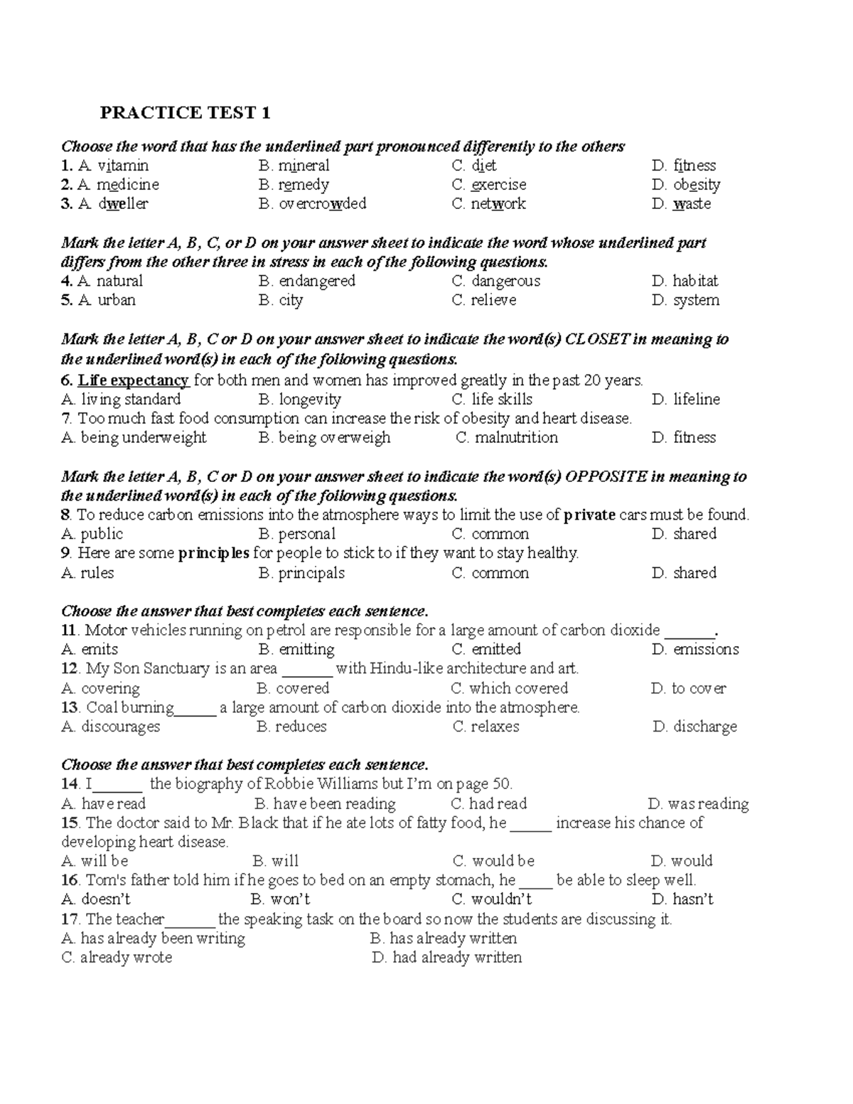 Practice TEST 1 - high quality - PRACTICE TEST 1 Choose the word that ...