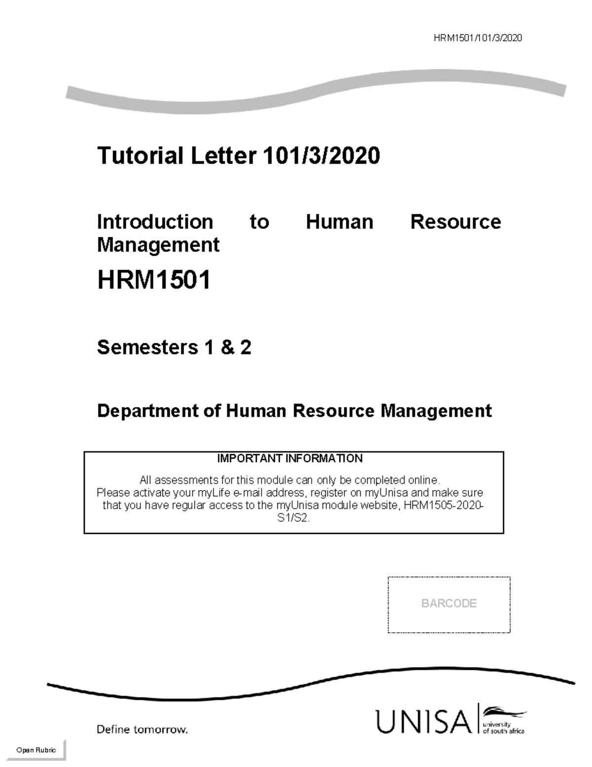Hrm1501 Tutorial Letter Warning Tt Undefined Function 32 Tutorial Letter 101 3