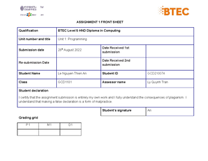 Lê Nguyễn Thiên Ân-asm1-1631 - ASSIGNMENT 01 FRONT SHEET Qualification BTEC Level 5 HND Diploma ...
