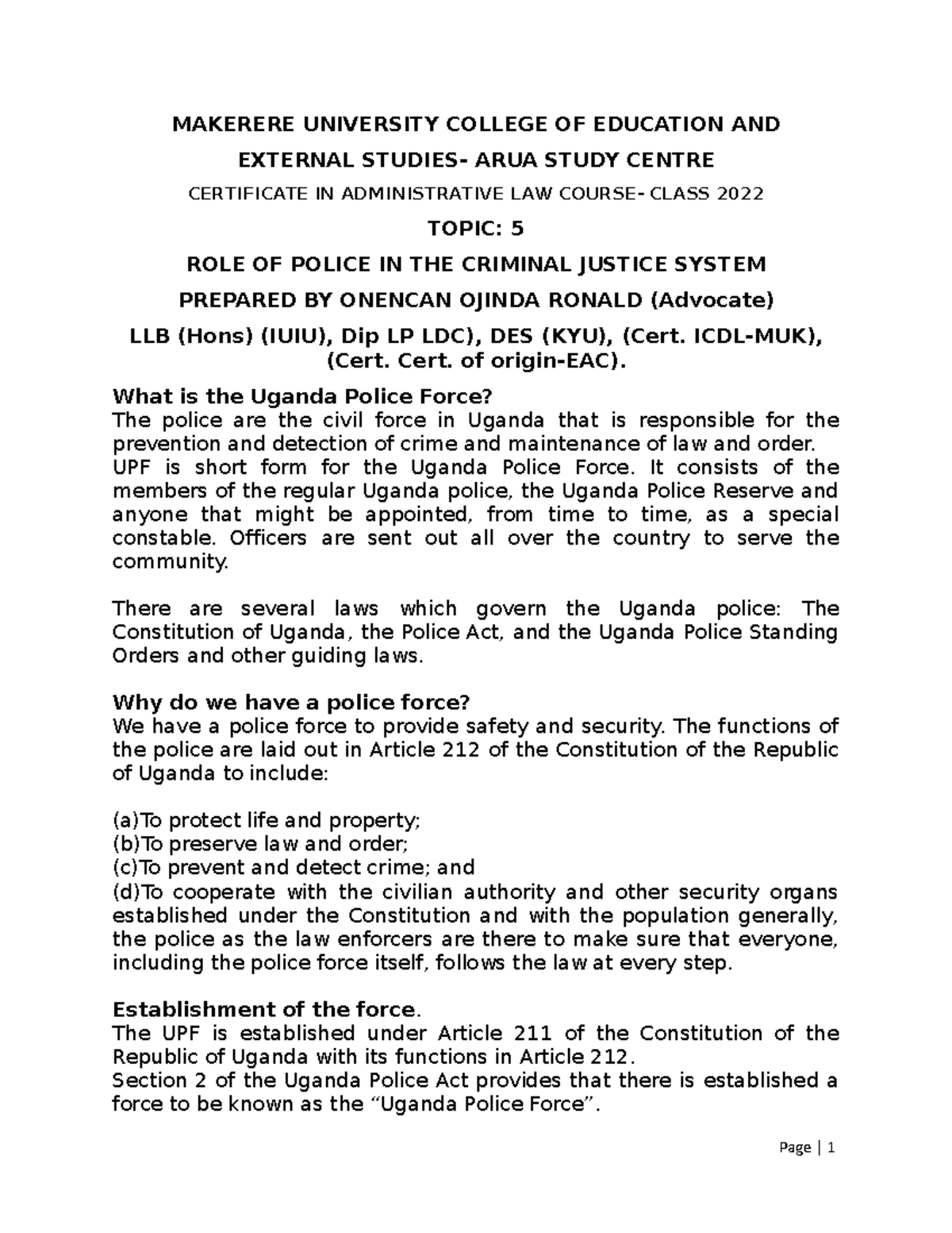 Topic 5 ROLE OF Police - revision - MAKERERE UNIVERSITY COLLEGE OF ...