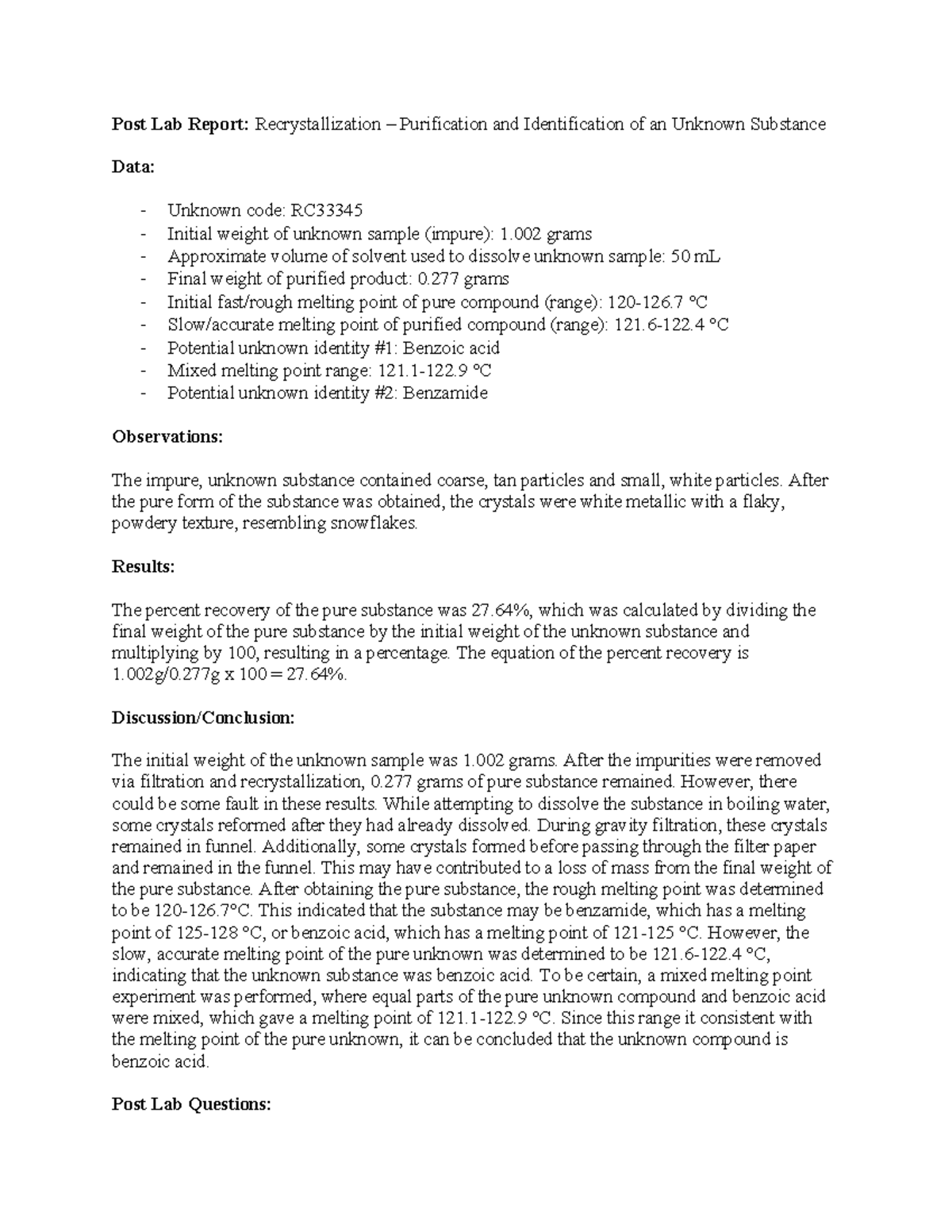 Post Lab 1 - Recrystalization - Post Lab Report: Recrystallization – Purification and ...