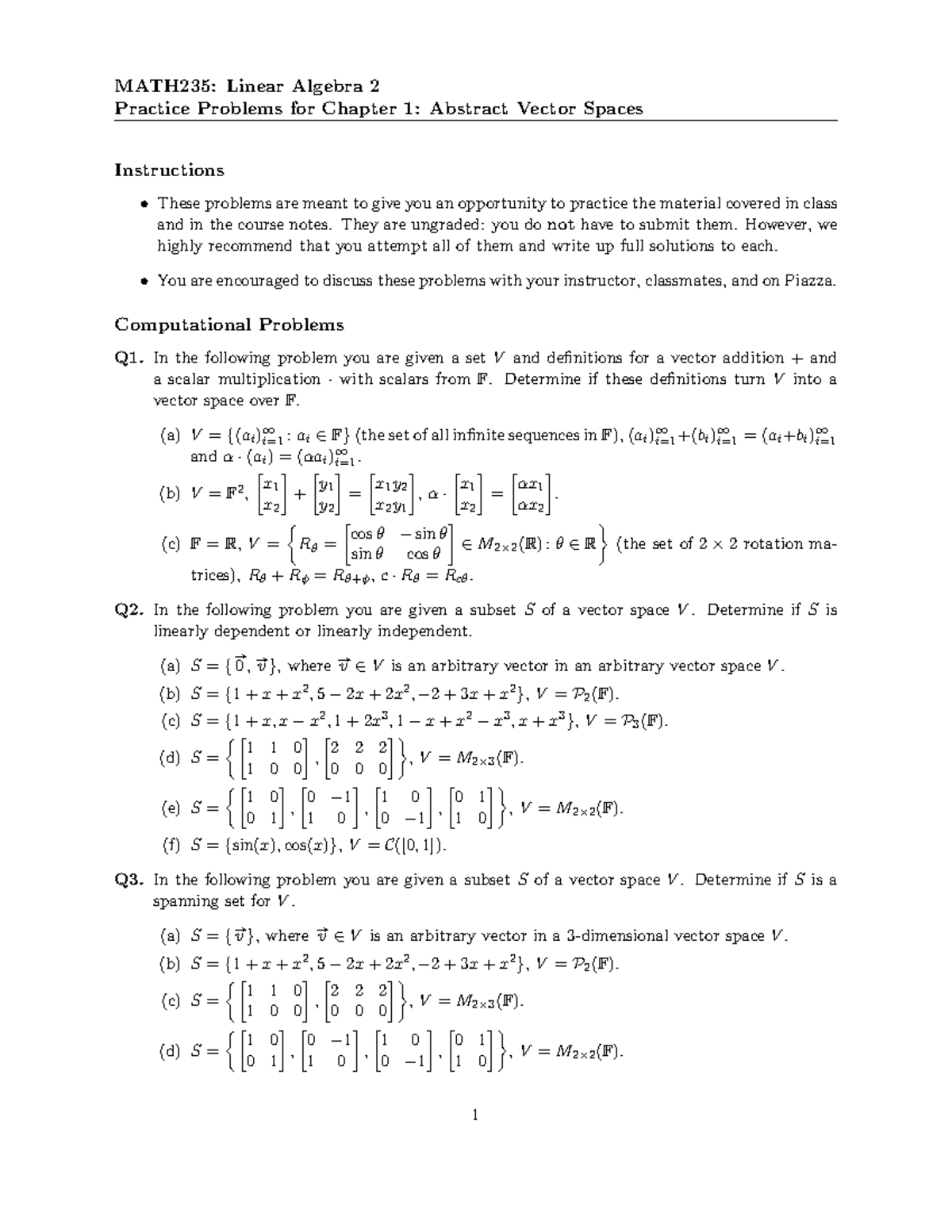Math235-f23-pp1 - Practice - Practice Problems for Chapter 1: Abstract Vector Spaces ...