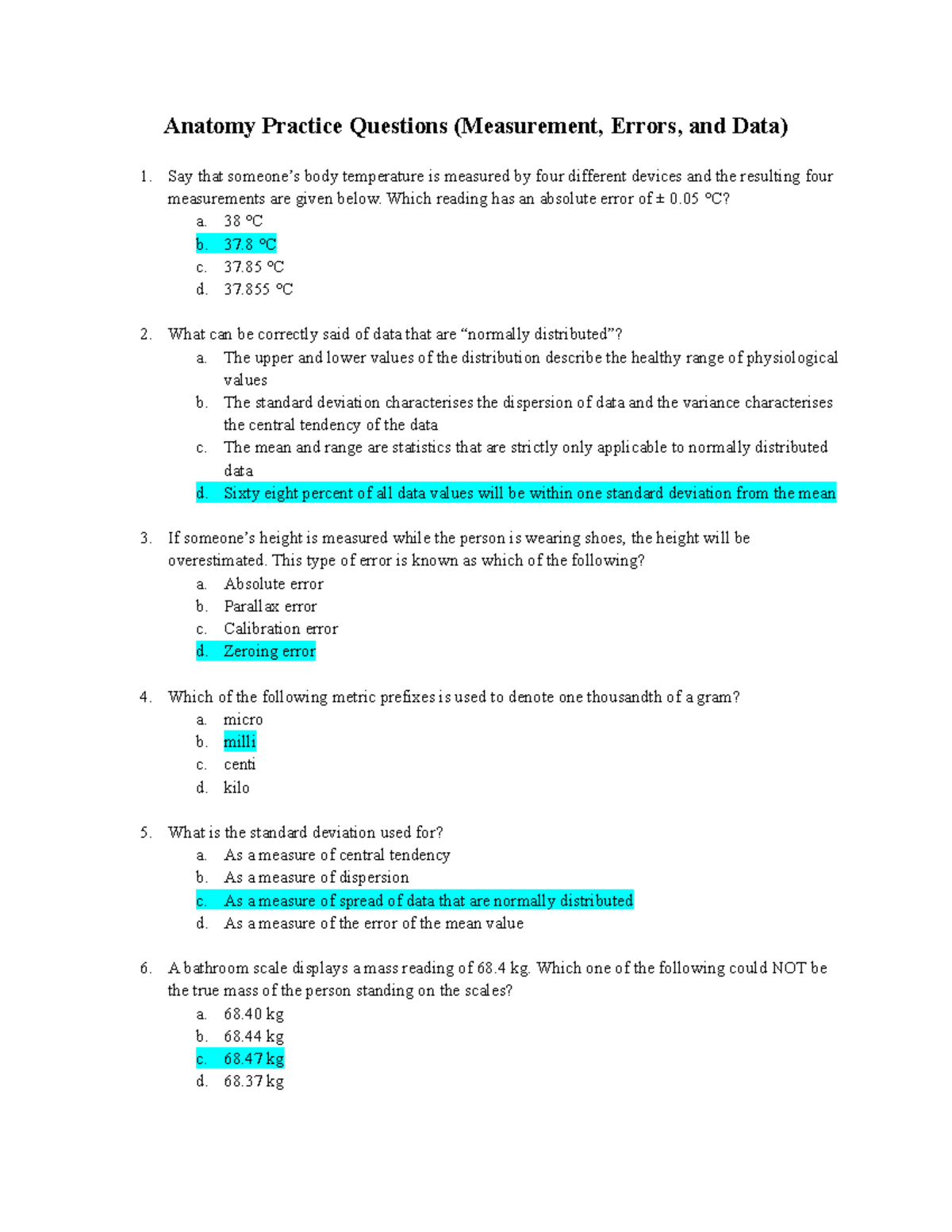Anatomy questions - Anatomy Practice Questions (Measurement, Errors ...