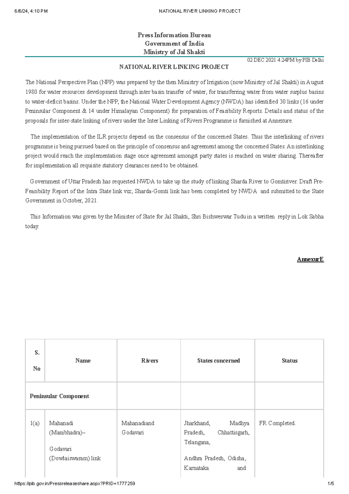 National River Linking Project - 02 DEC 2021 4:24PM by PIB Delhi Press ...