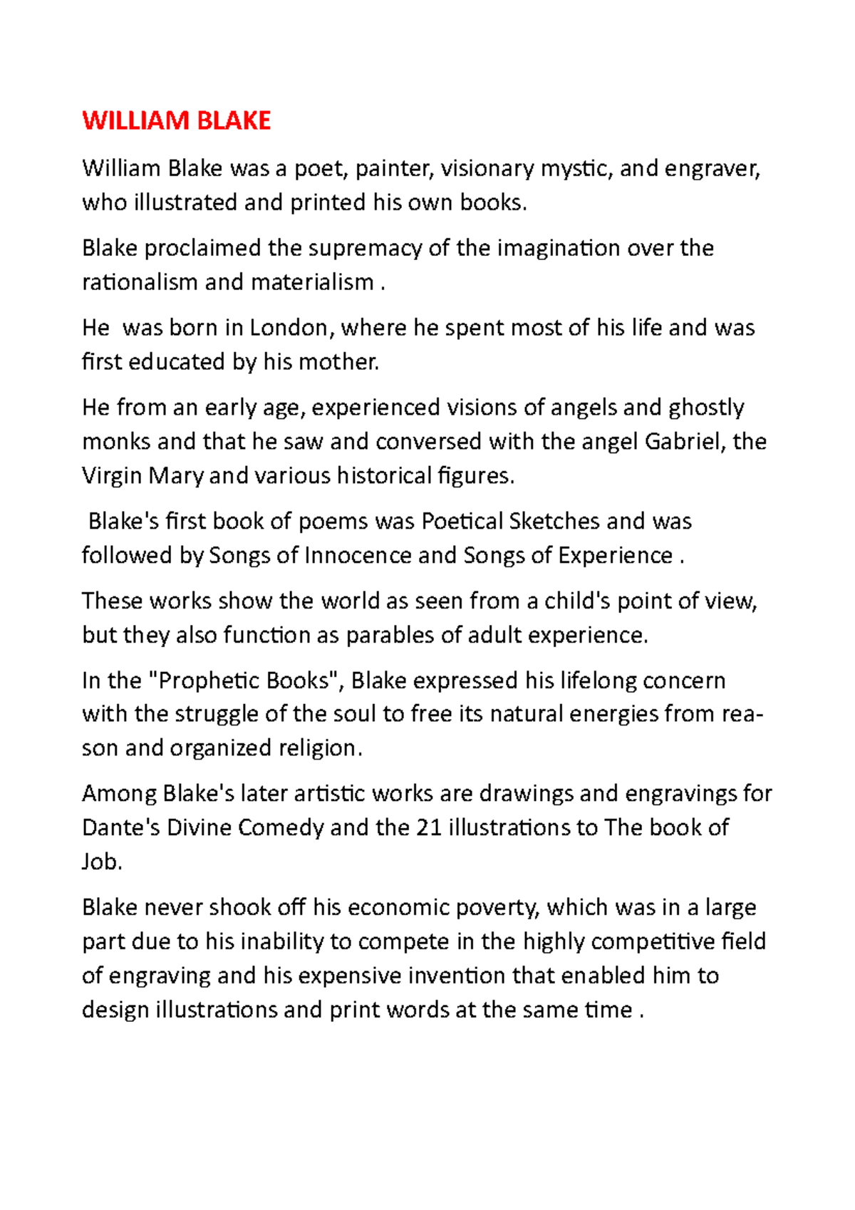 Riassunto William Blake - WILLIAM BLAKE William Blake was a poet ...