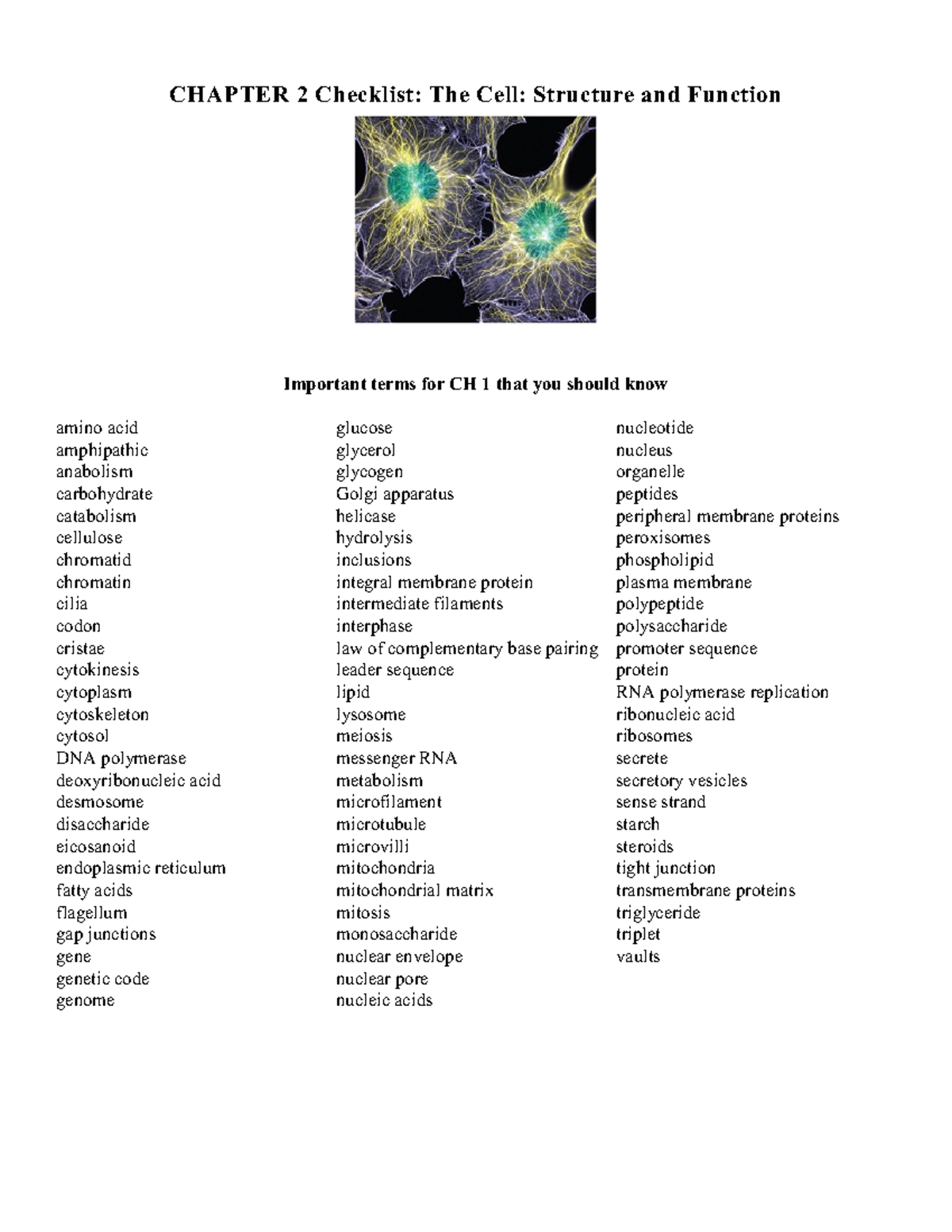 CH 2 checklist - CHAPTER 2 Checklist: The Cell: Structure and Function ...