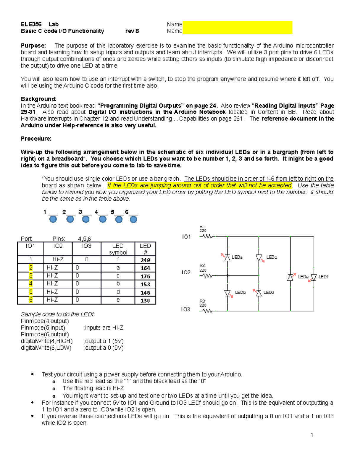 ELE356 Lab 6LEDs 3 pins R8 - Basic C code I/O Functionality rev 8 - Studocu