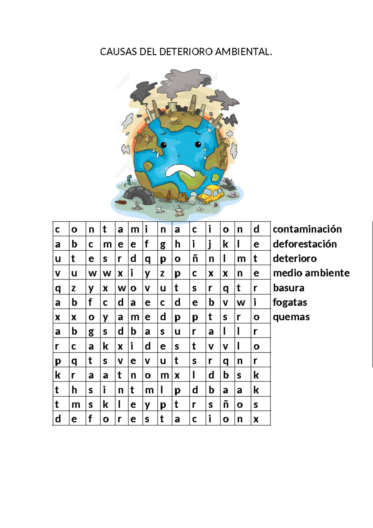 Sopa de letras 5 - CAUSAS DEL DETERIORO AMBIENTAL. c o n t a m i n a c ...