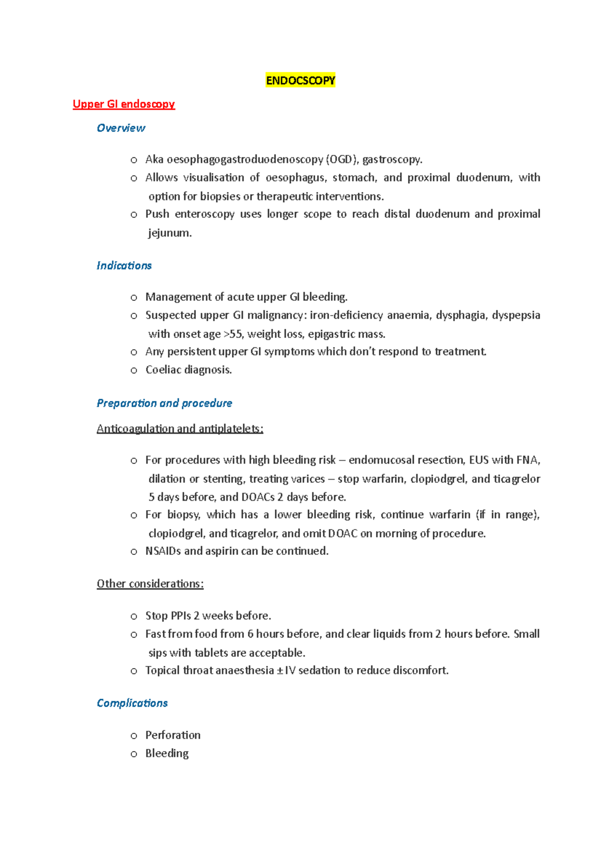 Endoscopy - Lecture notes 1 - ENDOCSCOPY Upper GI endoscopy Overview o ...