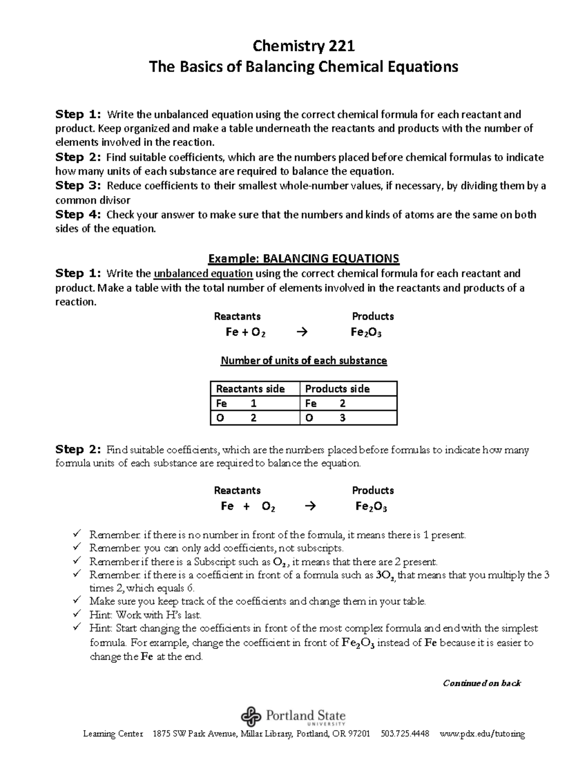 10-0 Chemistry 221 Balancing Chemical Equations - Chemistry 221 The ...