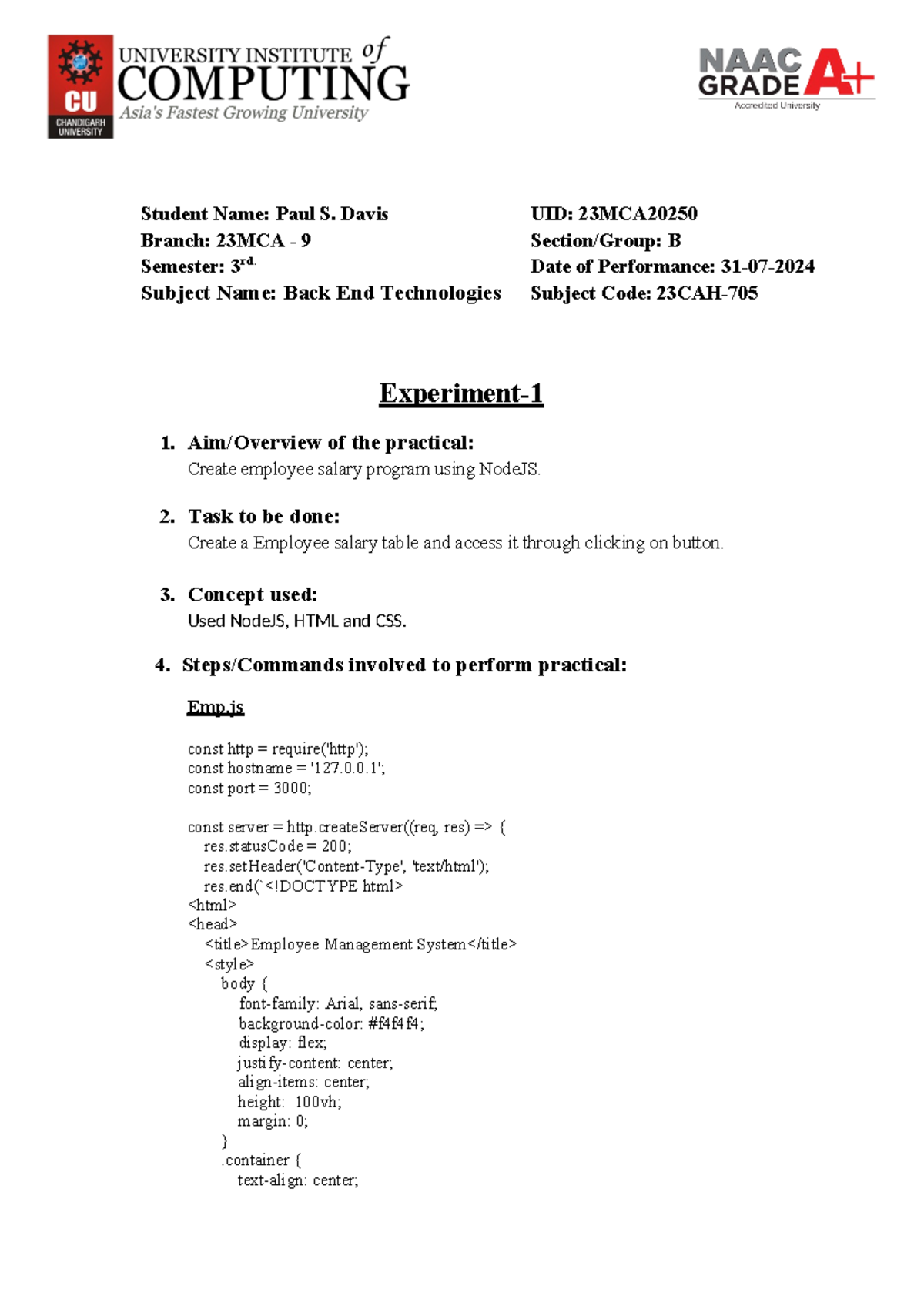 Back-END Exp 1 - Experiment - Student Name: Paul S. Davis UID: 23MCA Branch: 23MCA - 9 - Studocu