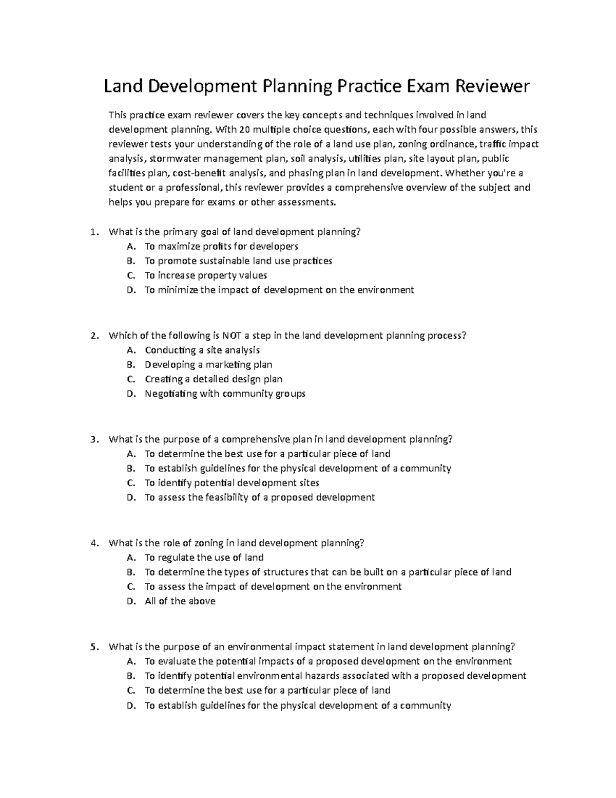 Land Development Planning Practice Exam Reviewer - With 20 multiple ...
