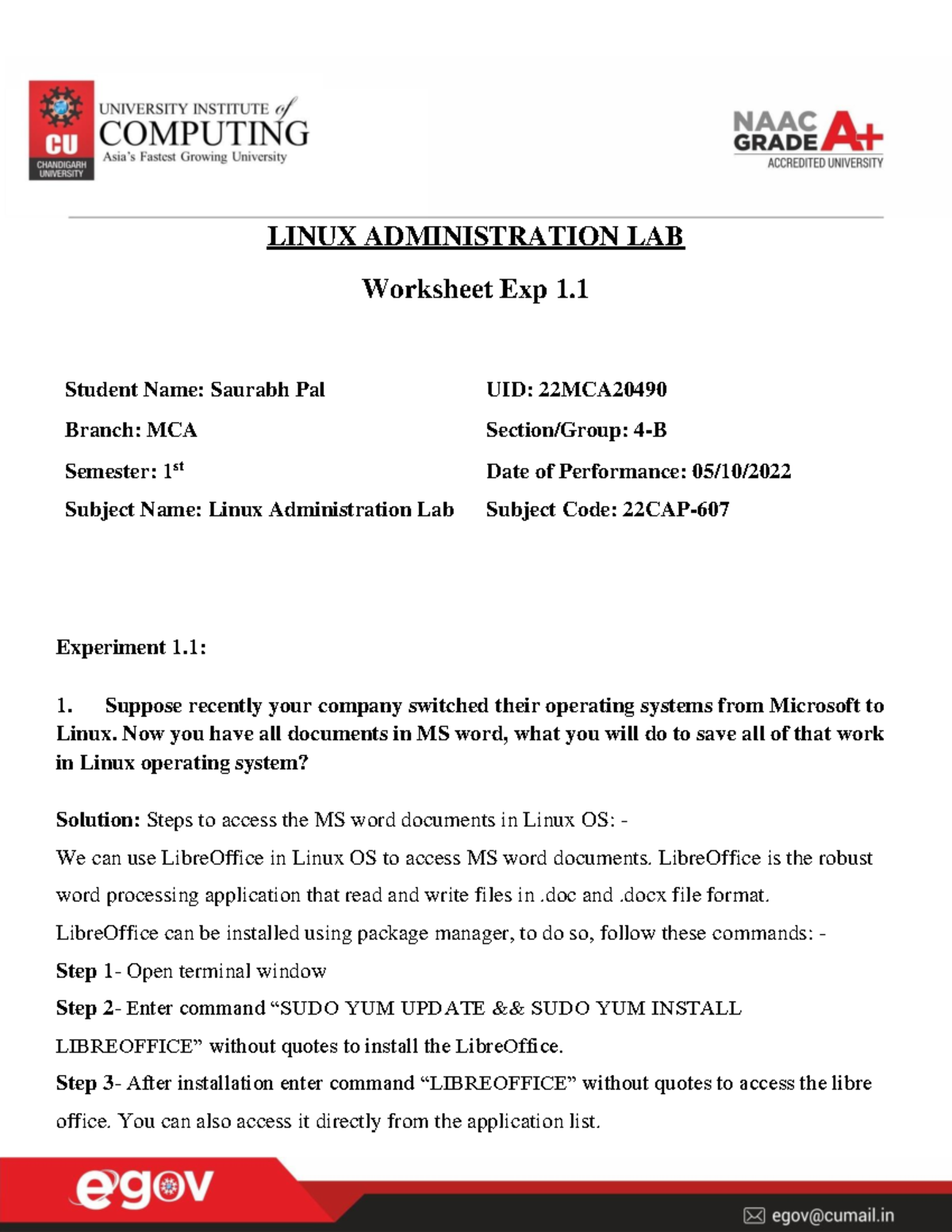 Worksheet 1 - Create a blank file ABC.txt. Add the contents using vi ...