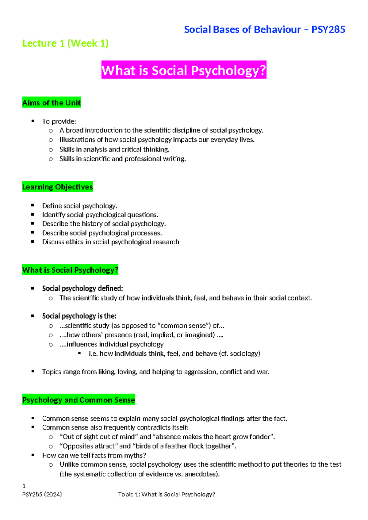 L1 - What is Social Psychology - Social Bases of Behaviour – PSY ...