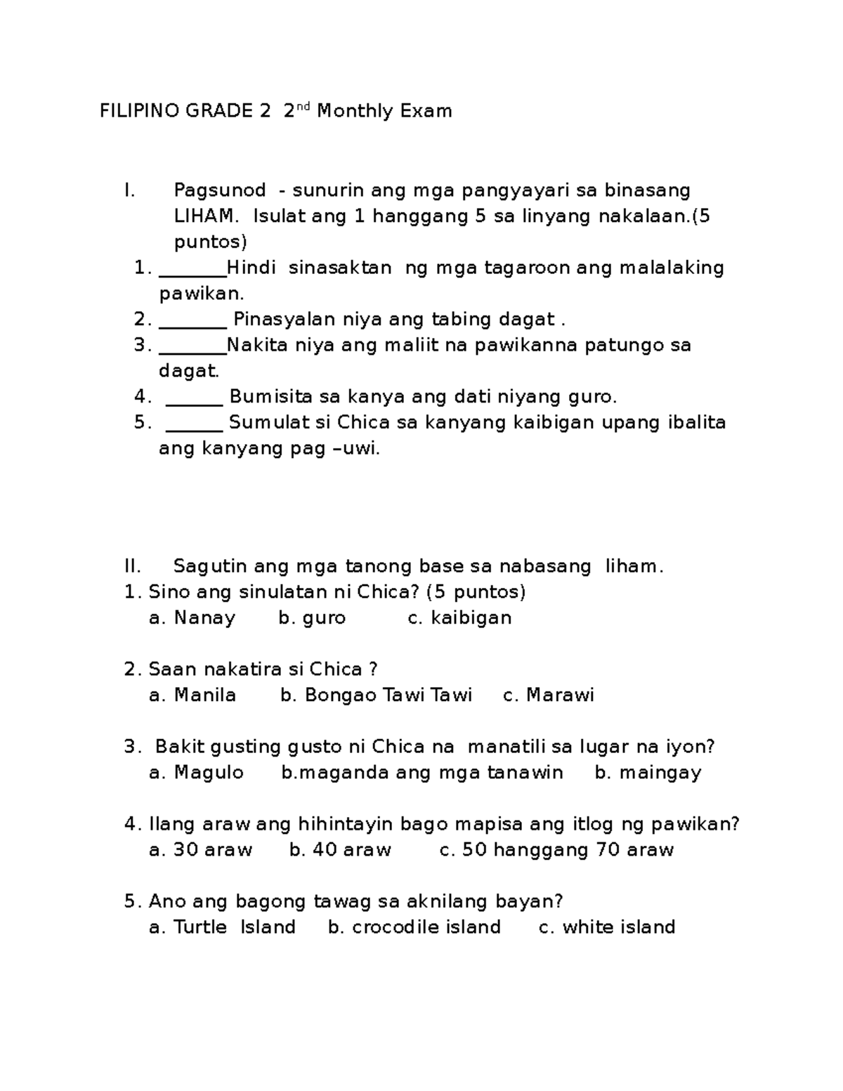 Filipino Grade 2 2nd Monthly Exam arcel fey - FILIPINO GRADE 2 2 nd ...