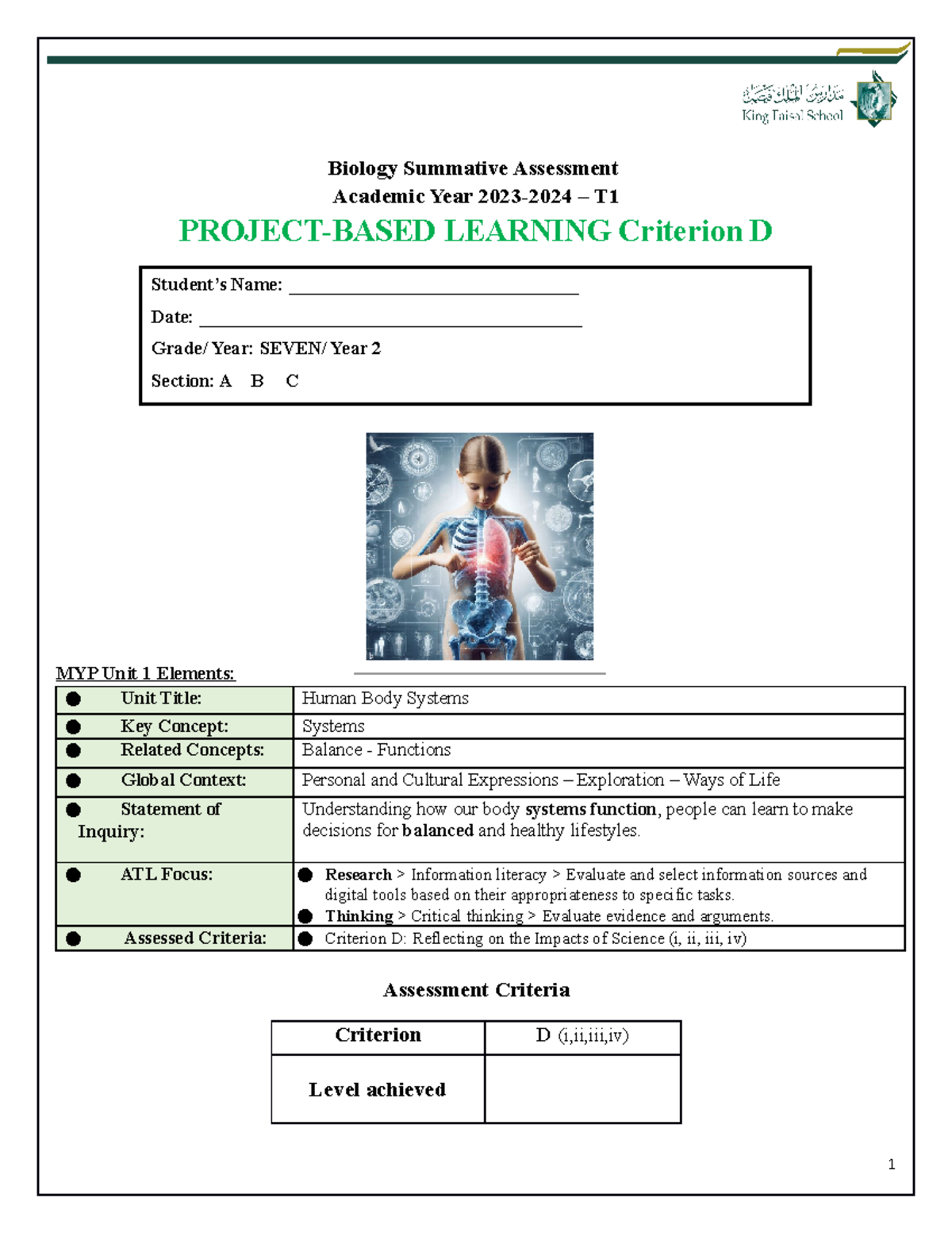 Y2-U1-Science-Criterion D-T1-2023-2024 - Biology Summative Assessment ...