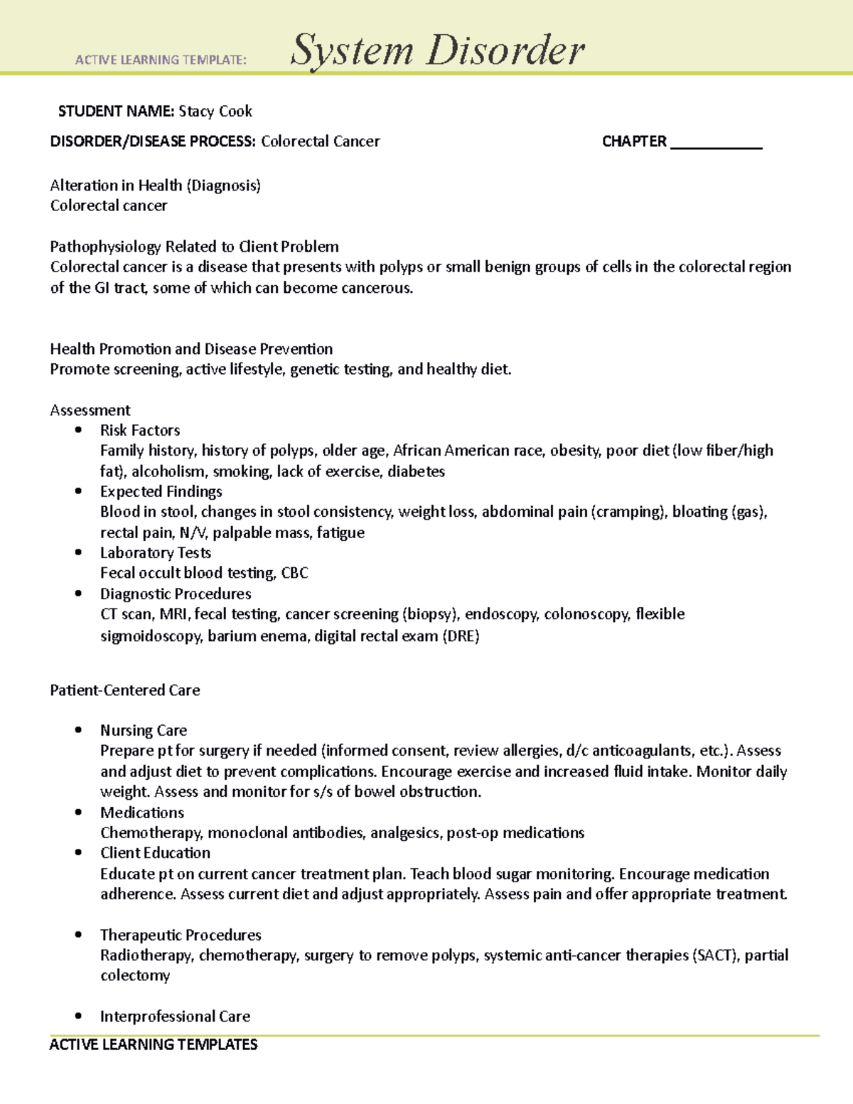 ATI System Disorder- Colorectal Cancer - STUDENT NAME: Stacy Cook ...