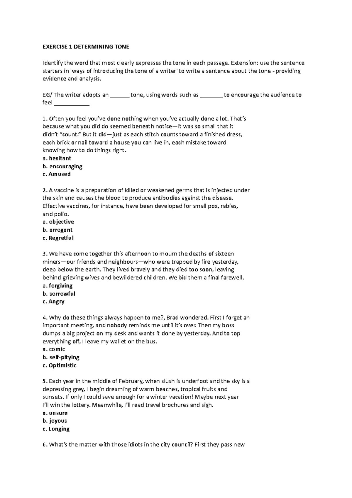 Toneexercisesworksheet - EXERCISE 1 DETERMINING TONE Identify the word ...