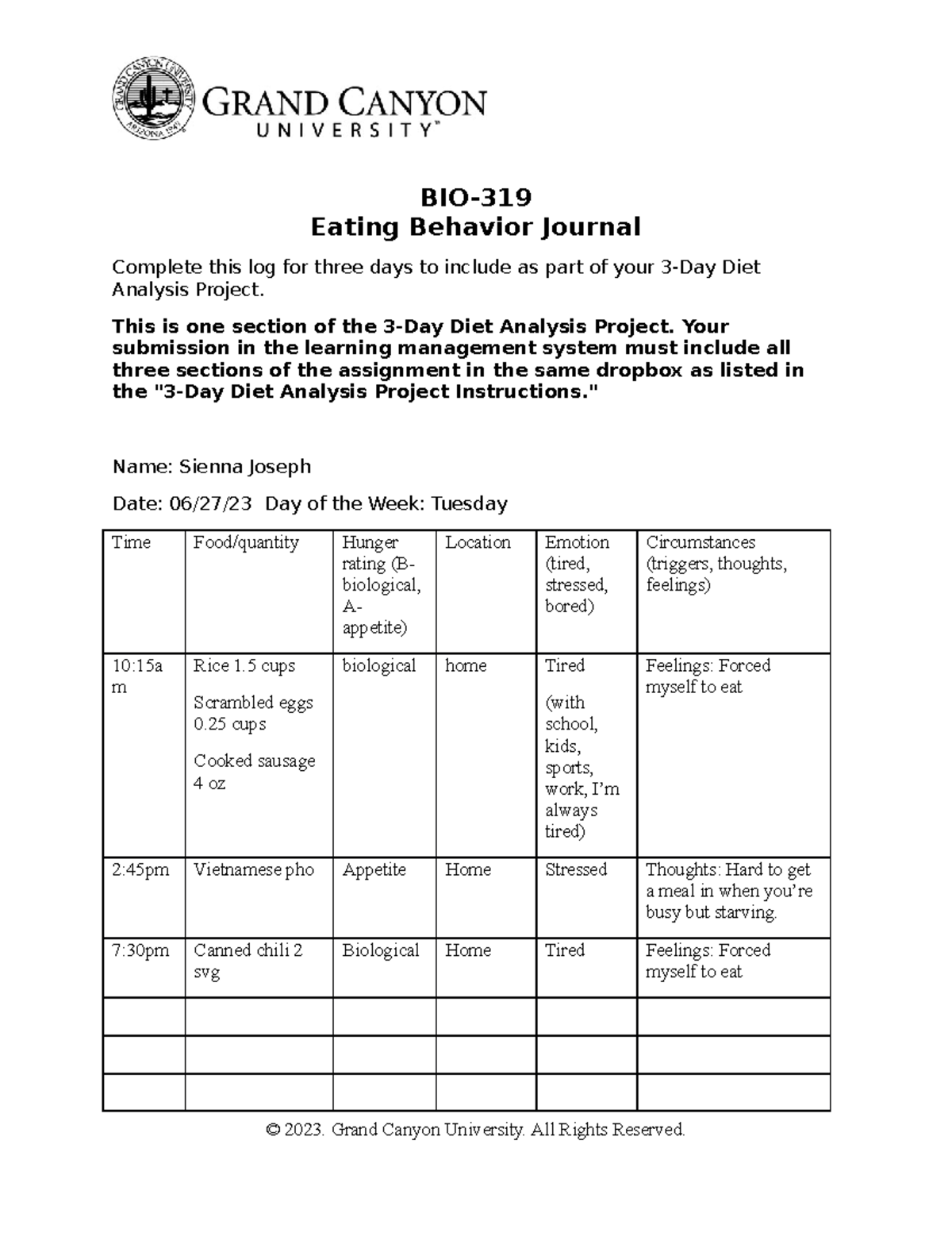 BIO 319 RS Eating Behavior Journal - BIO- Eating Behavior Journal ...