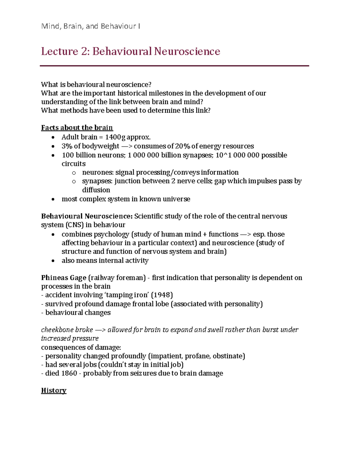Lecture notes, lectures 2-3 - Mind, Brain, and Behaviour I Lecture 2 ...
