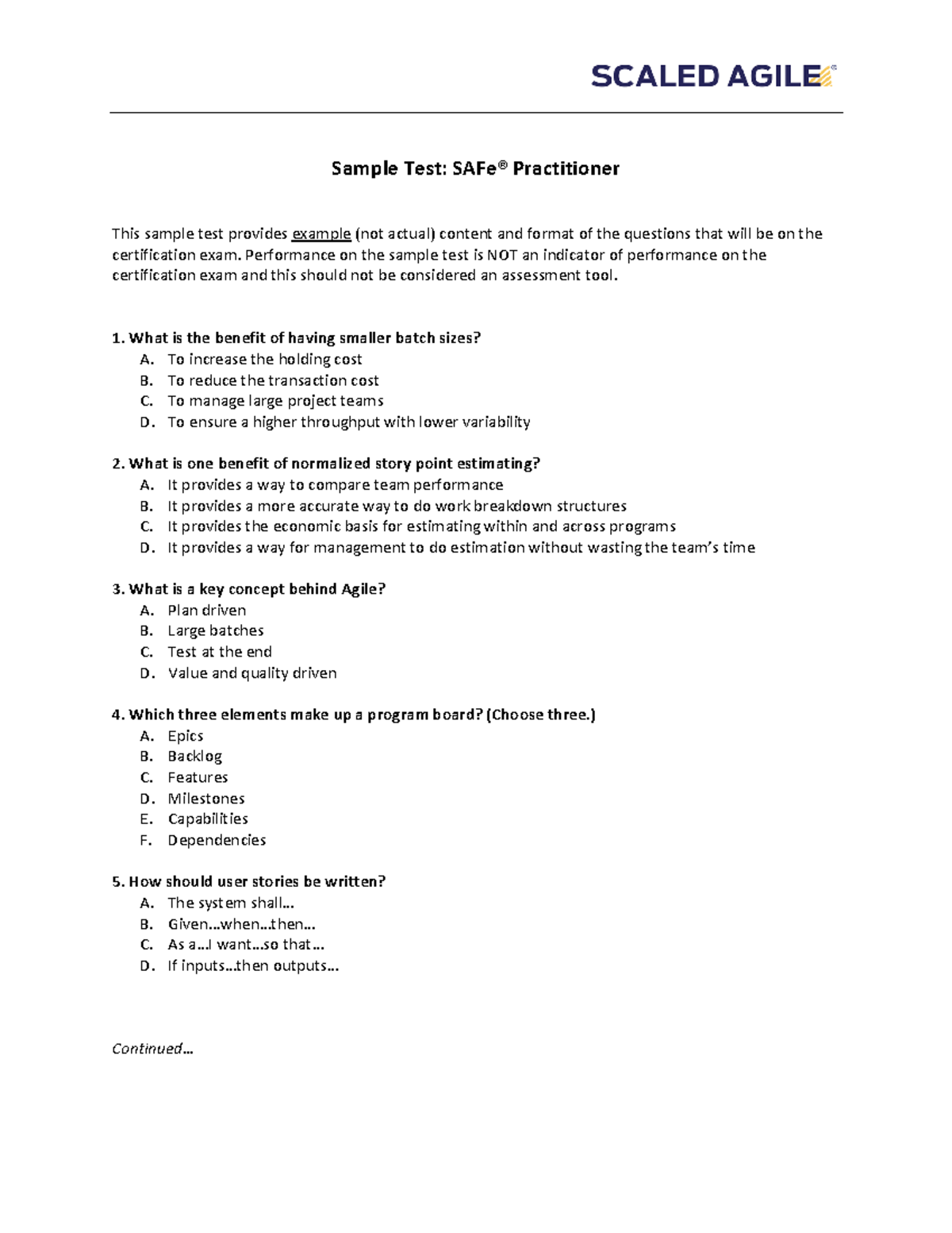 SP4 Sample - formation - Sample Test: SAFe® Practitioner This sample ...