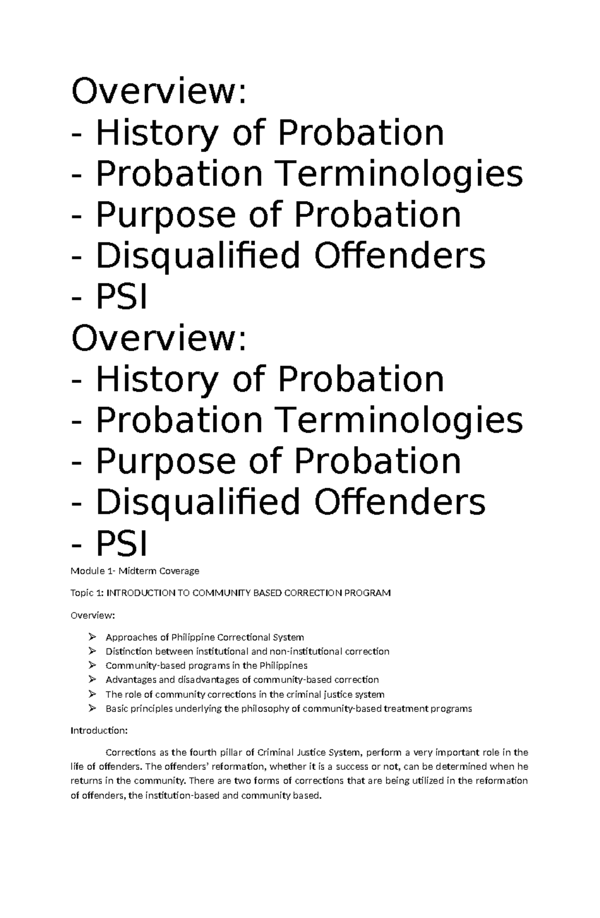 Module 1 non insti - Overview: - History of Probation - Probation ...
