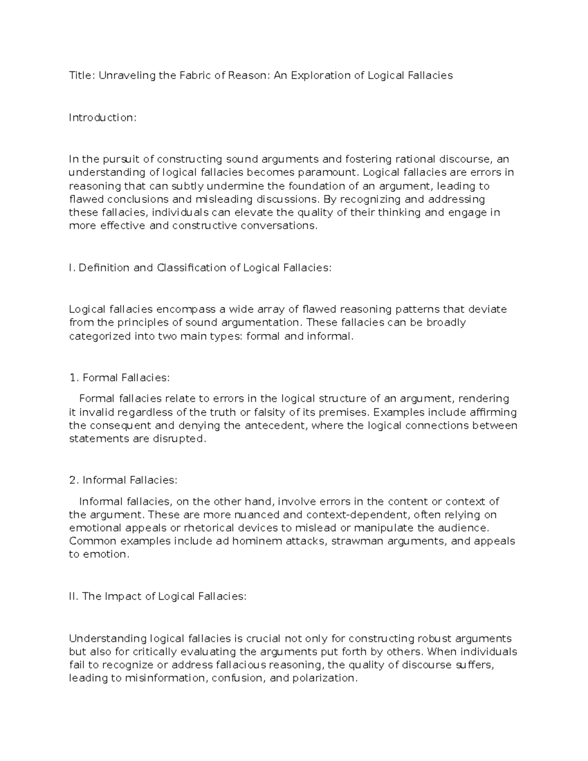 Logical fallcy essay - Title: Unraveling the Fabric of Reason: An ...