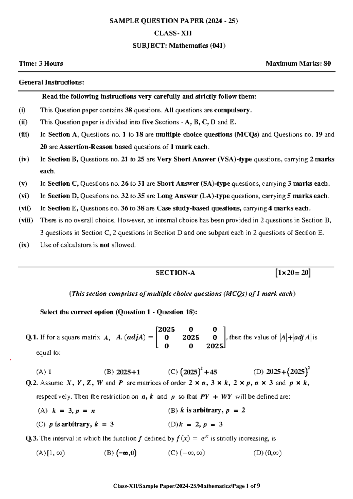 Maths-SQP - Question paper - ####### SAMPLE QUESTION PAPER (2024 - 25) ####### CLASS- XII ...