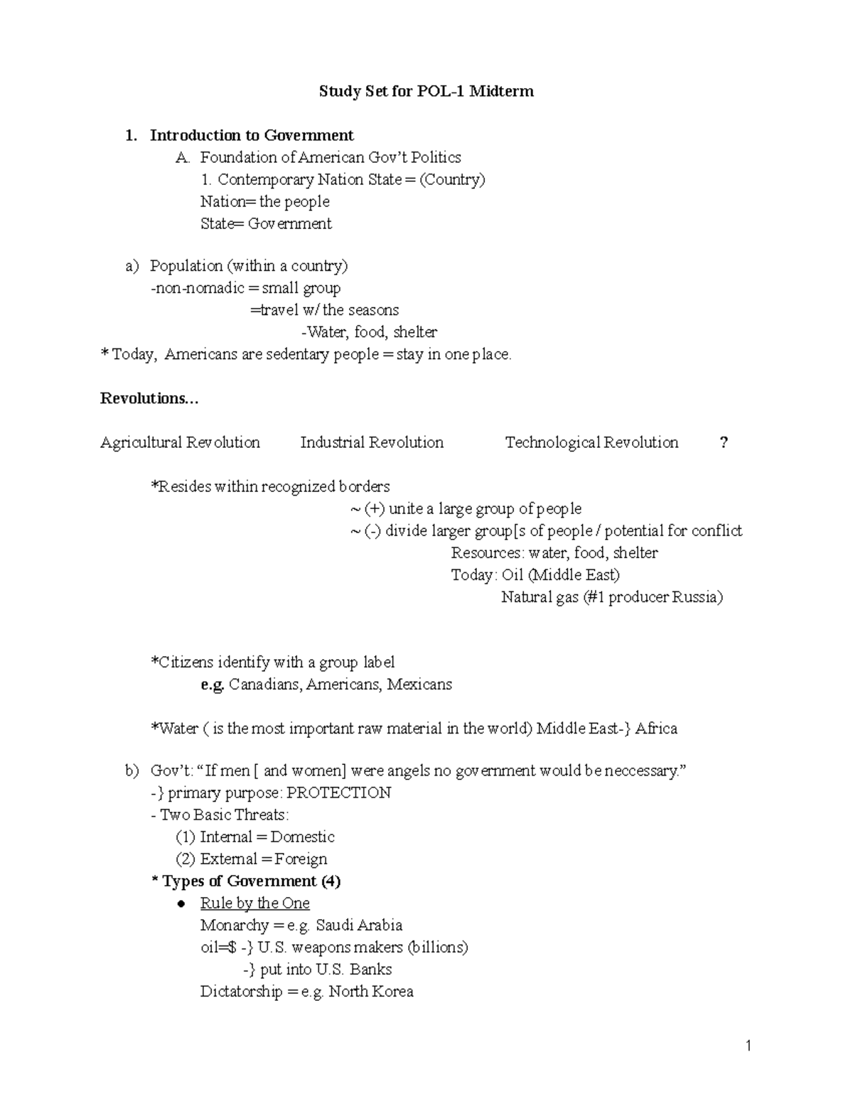 POL-1 Midterm Notes - Larry Adams/ 8:00 am MW - Study Set for POL-1 ...