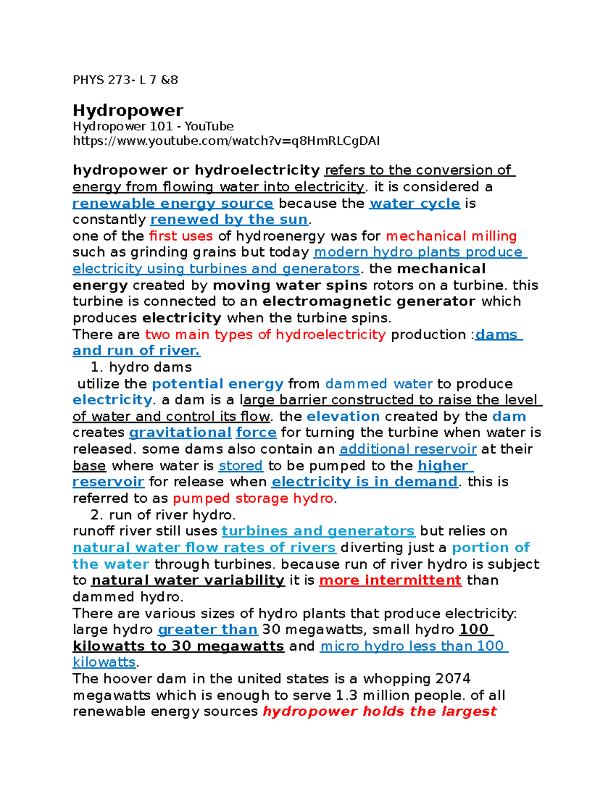 PHYS 273 Quiz 2 L 7,8 - PHYS 273- L 7 & Hydropower Hydropower 101 - YouTube - Studocu