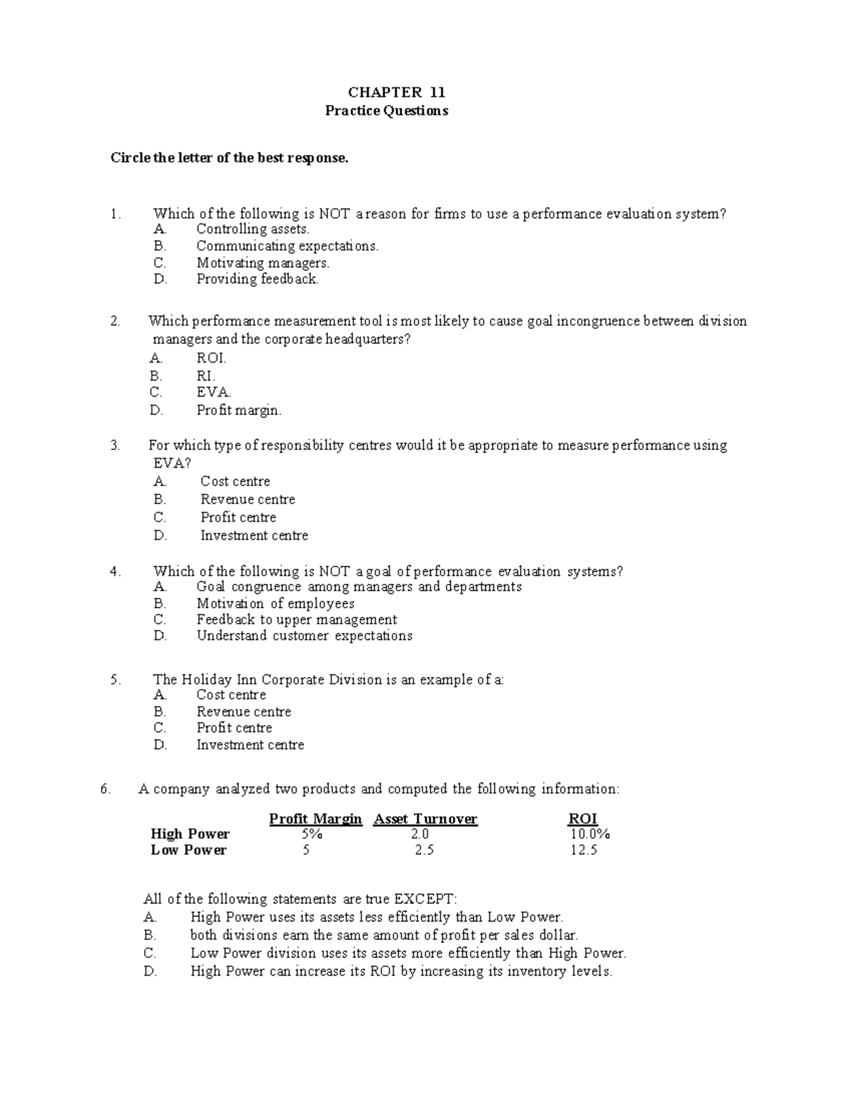 Chapter 11 Practice Questions - CHAPTER 11 Practice Questions Circle ...
