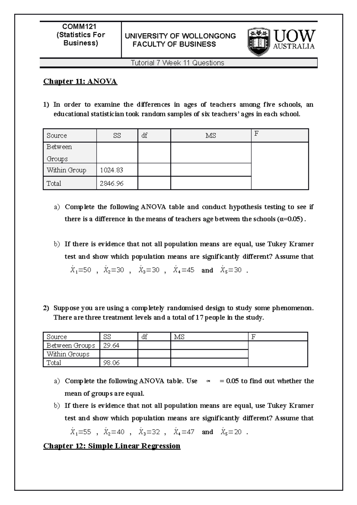 Week 11 Tutorial 7 questions-1 - COMM (Statistics For Business ...